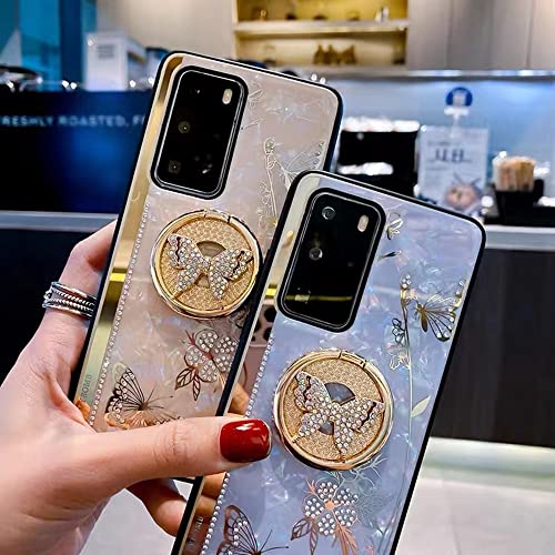 for Samsung Galaxy S21 FE Case for Women with Ring Stand,Glitter Sparkle Pearl Back Cute Butterfly Floral Design,Soft TPU Bumper Bling Diamond Mirror Strip Girly Phone Case for Samsung S21 Fe Pink
