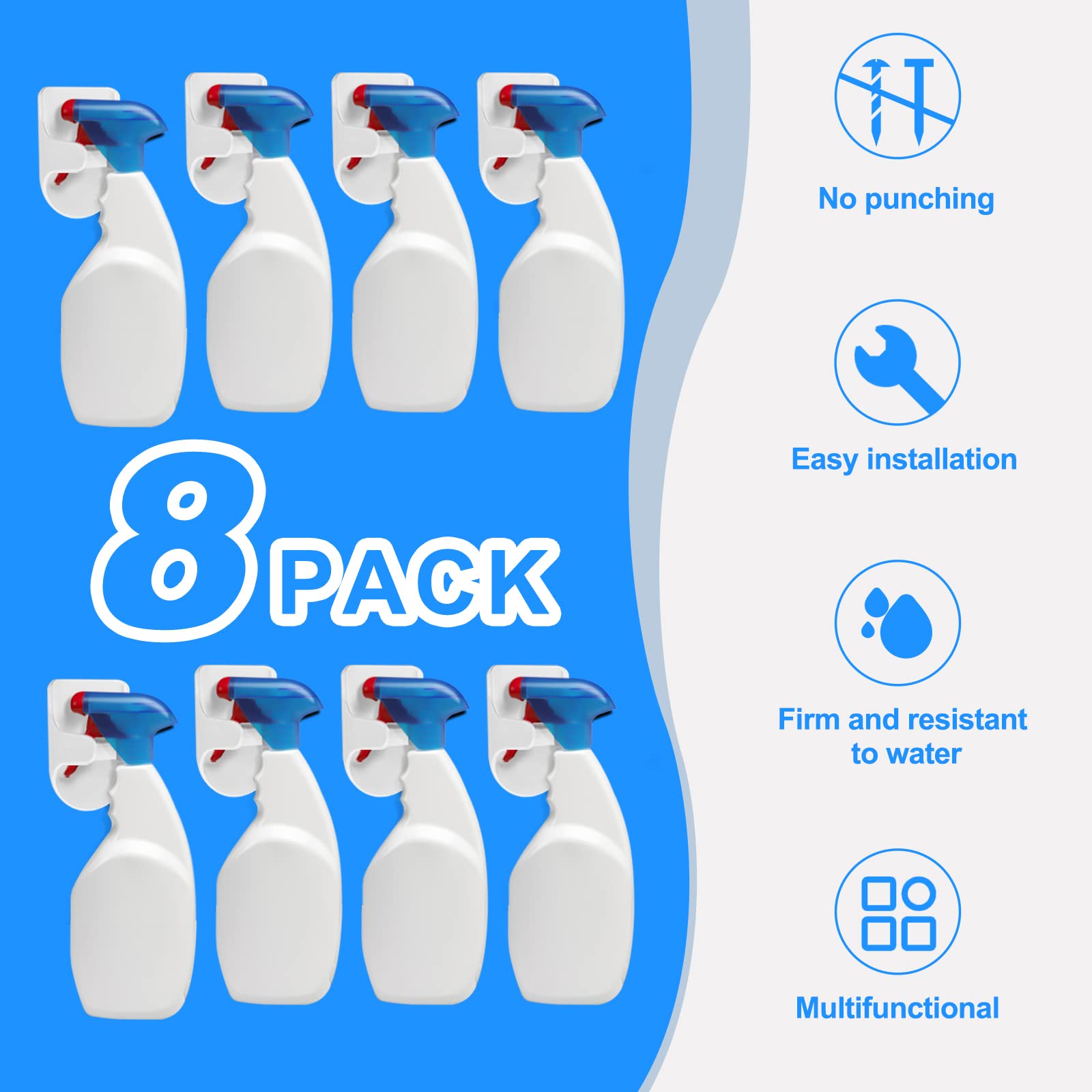 CBYJK Spray Bottle Holder Wall Mount, 8 Pack Adhesive Bottle Holder, Strongly Spray Bottle Organizer, Spray Bottle Hanger for Cabinet, Kitchen, Bathroom