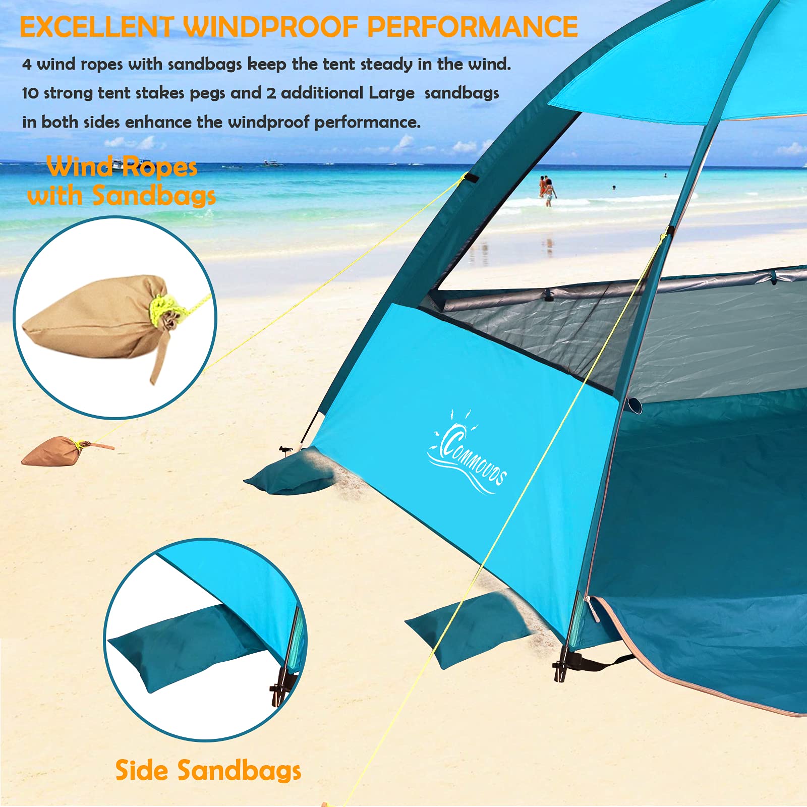 COMMOUDS XL Pop Up Beach Tent 4-5 Person, UPF 50+ Beach Sun Shade, Automatic Beach Sun Shelter, Lightweight and Easy Set Up