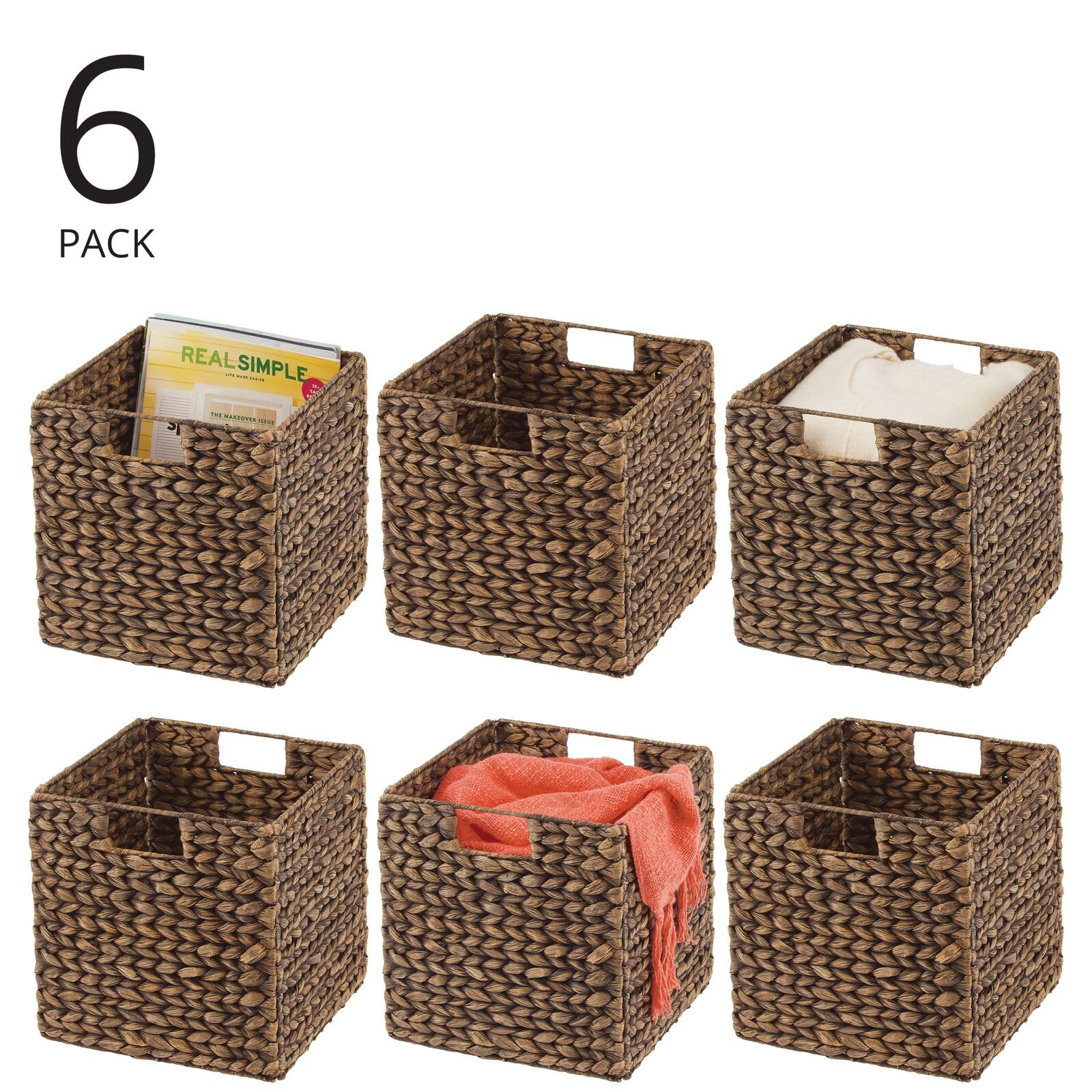 mDesign Natural Woven Hyacinth Cube Organizer Basket with Handles, Storage for Bathroom, Laundry Room Shelf or Nursery - Perfect for Cubby Storage Units - Hold Blankets and Books - 6 Pack, Brown Wash