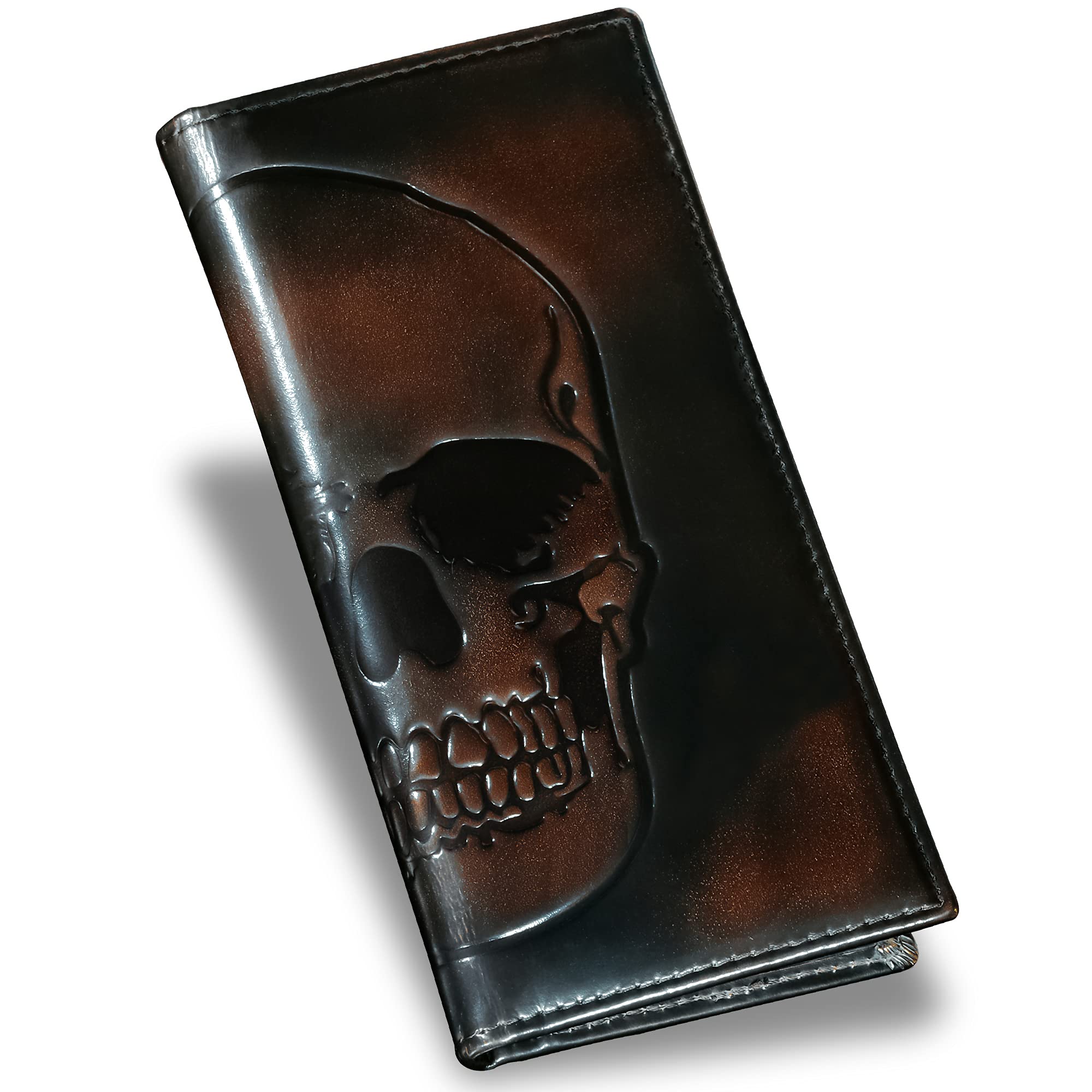 DK86 Skull Long Wallet For Men genuine Leather with Hand Burnished Rfid Blocking Rodeo Wallet Bifold Wallet Skull Wallet, Black A