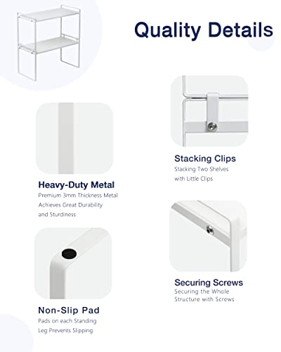 Nxconsu 2Pack Stackable Cabinet Shelf Organizer Storage Rack Shelf Riser for Kitchen Pantry Cupboard Bathroom Under Sink Counter Countertop Desk Space Saver Freestanding Heavy Duty Nonslip White Tall