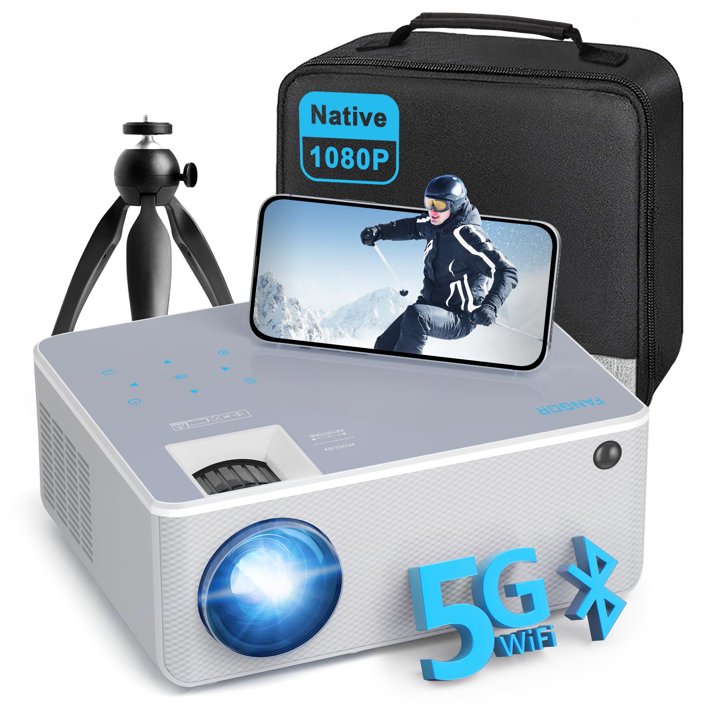 FANGOR 1080P HD Projector, WiFi Bluetooth Projectors, Max 230” Projection Screen Portable Home Theater Video Movie Proyector With Tripod, Compatible with HDMI, USB, Laptop, iOS & Android Phone