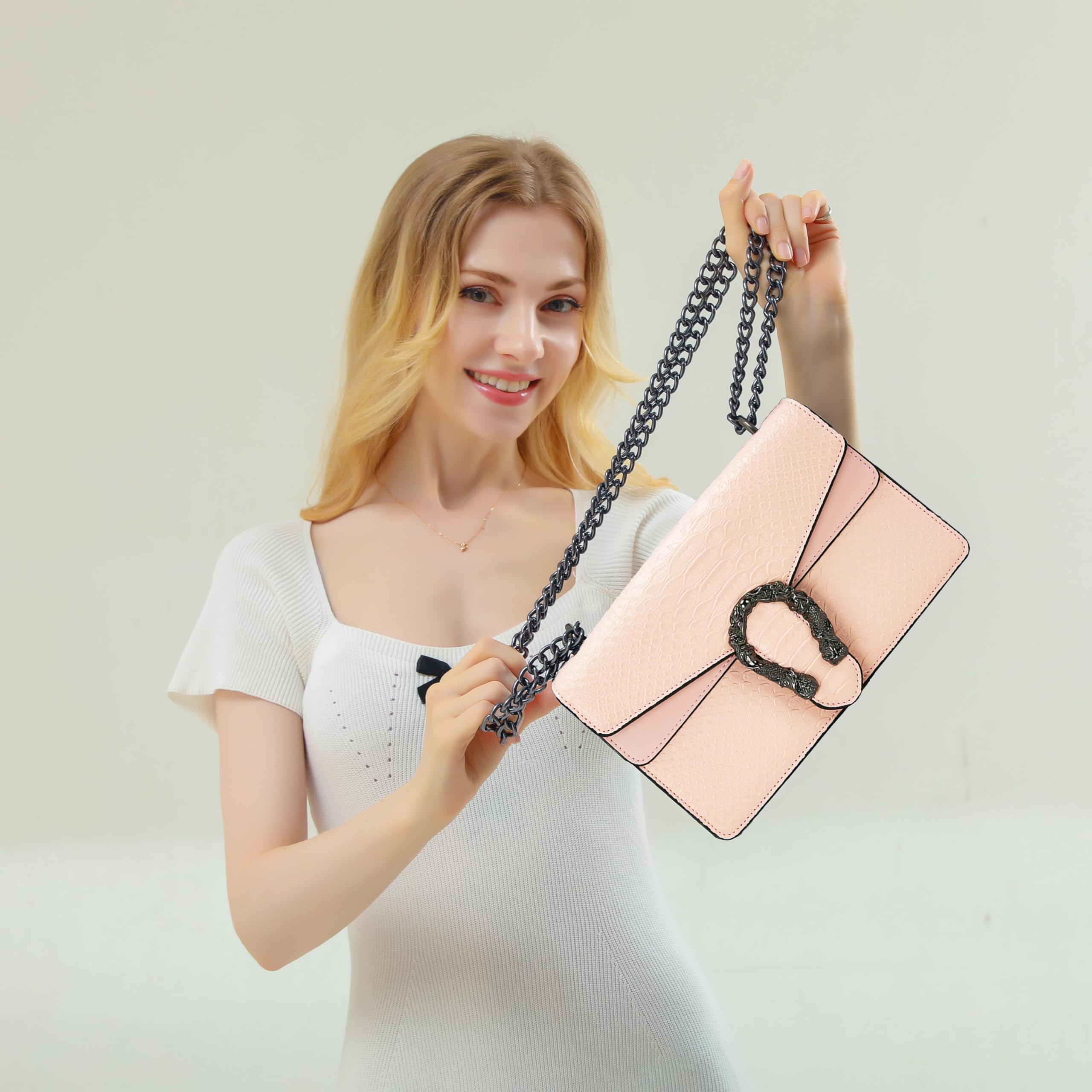 DEEPMEOW Crossbody Shoulder Evening Bag for Women - Snake Printed Leather Messenger Bag Chain Strap Clutch Small Square Satchel Purse(Pink)