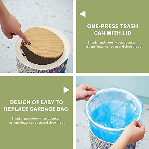 IBPNKFAZ89 Small Trash Can with Lid Round Purple Glass Garbage Bin Wood Waste Bin Press Cover Round Wastebasket for Bathroom Bedroom Kitchen 7L/1.8 Gallon