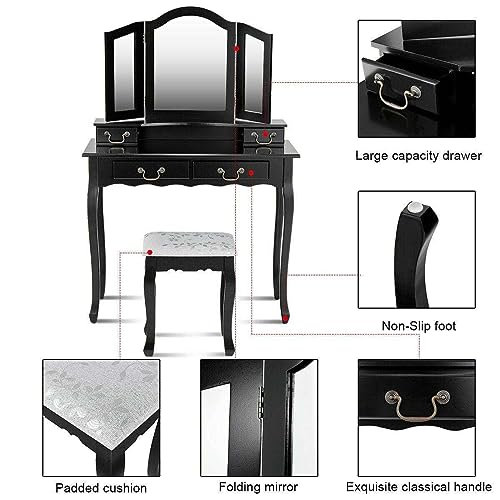 KJNS Vanity Set Makeup Dressing Table Tri Folding Mirror Stool 4 Drawers Black Vanity Desk Makeup Vanity Side Tables Bedroom Vanity Table Portable Desk Vanity Set