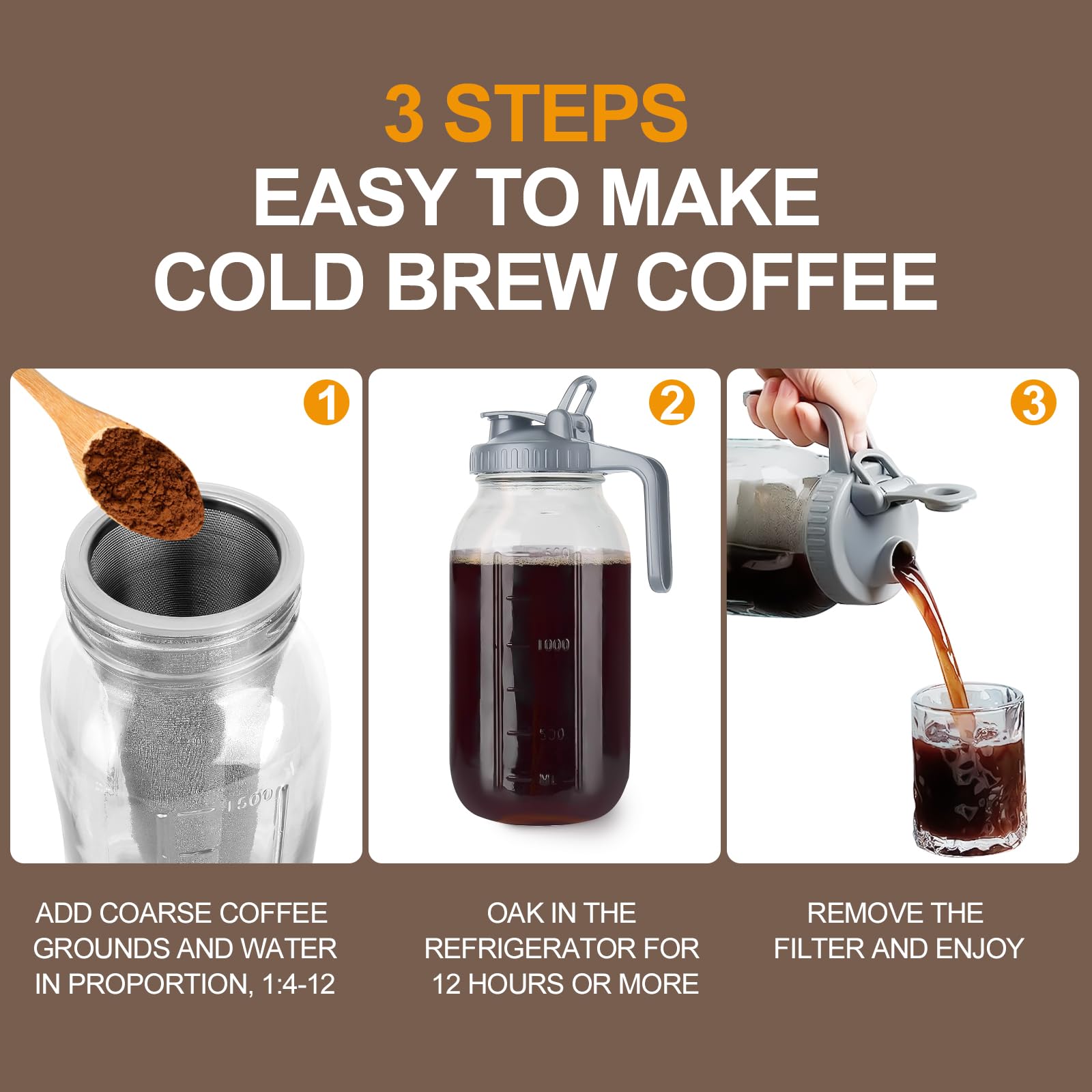 Cold Brew Mason Jar Coffee Maker, 64oz Cold Brew Coffee Pitcher, Durable Glass Mason Jar Cold Brew Coffee Maker With Handle & Stainless Steel Filter For Iced Coffee Tea Fruit Drinks Container