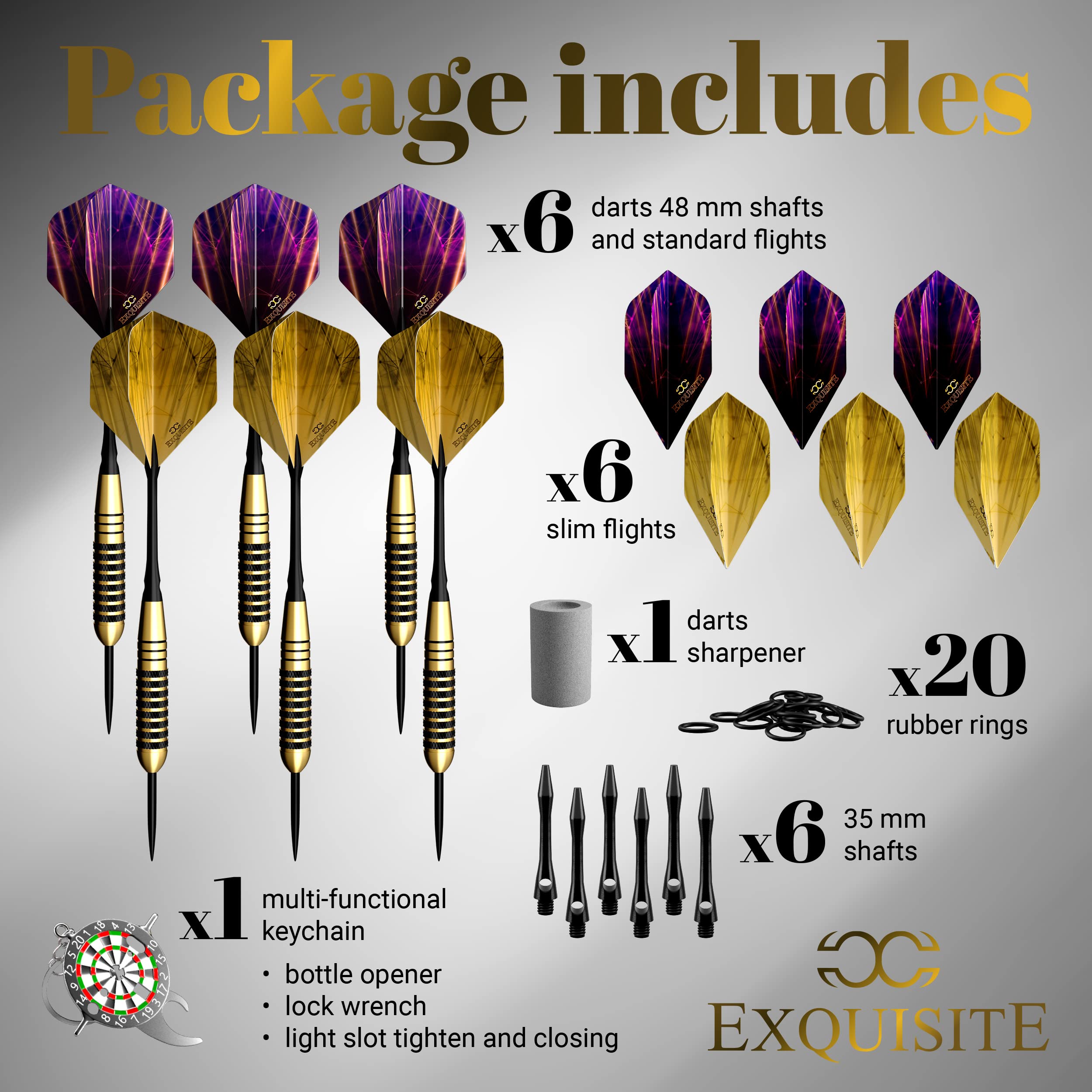 CC-EXQUISITE Premium Steel Tip Darts Set - Professional Darts, Brass Barrels, Metal Tip Darts, Extra Flights, (12) Aluminum Shafts 35/48, O-Rings, Dart Tool, Dart Sharpener, Darts Case