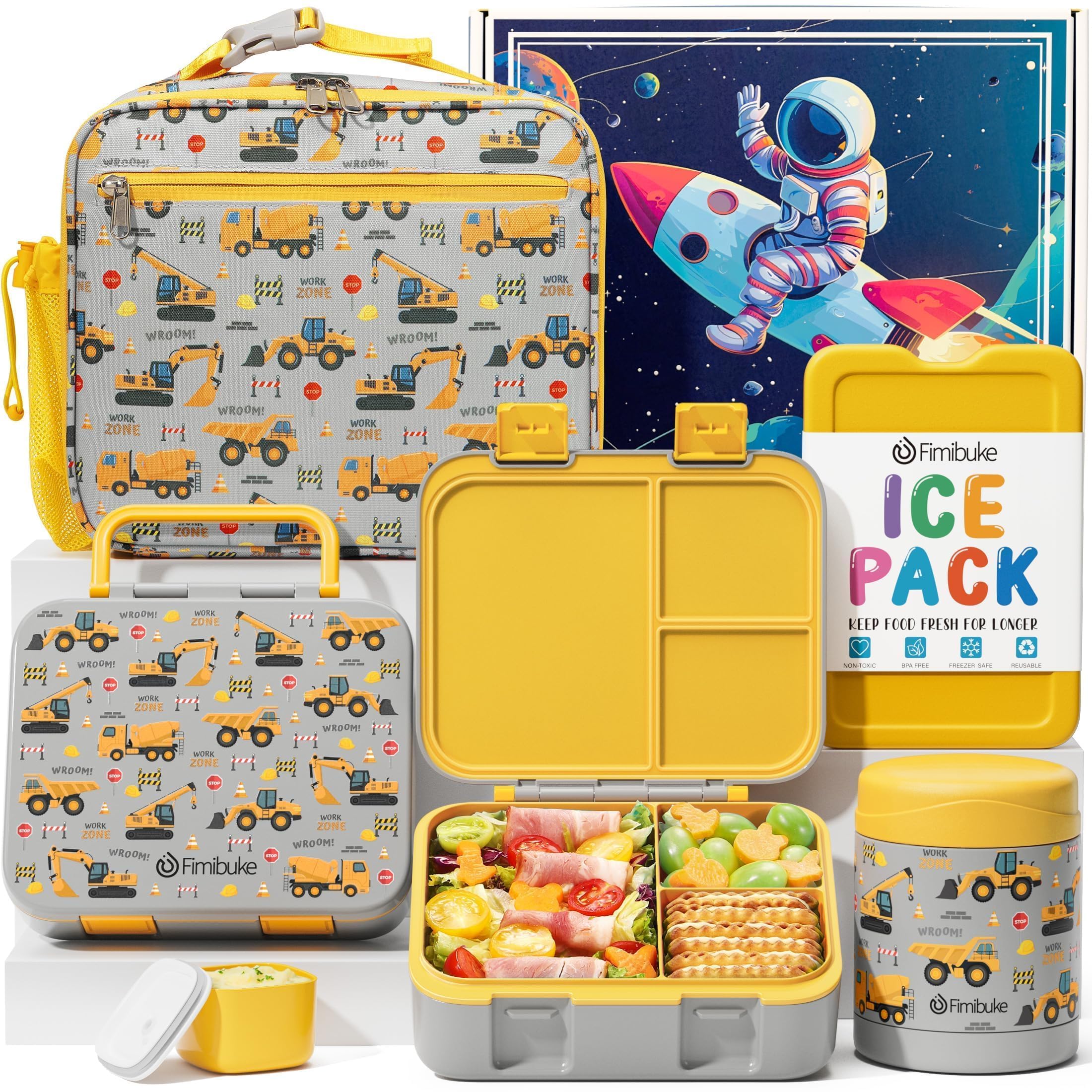 Fimibuke Kids Bento Box with Insulated Thermos Food Jar, Lunch Bag & Ice Pack Set, 3-Compartments Toddler Lunch Box, ONE-STOP Snack Lunch Container Solution for Ages 3-12 School Girls Boys - Trucks