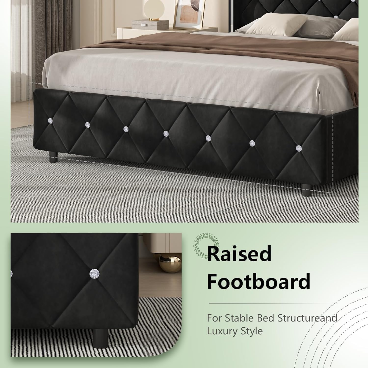 HOMBCK Queen Bed Frame with 4 Storage Drawers,Upholstered Bed Frame with Diamond Headboard and Footboard, Black Velvet Bed Frame with Wingback, Solid Wood Slats, Black