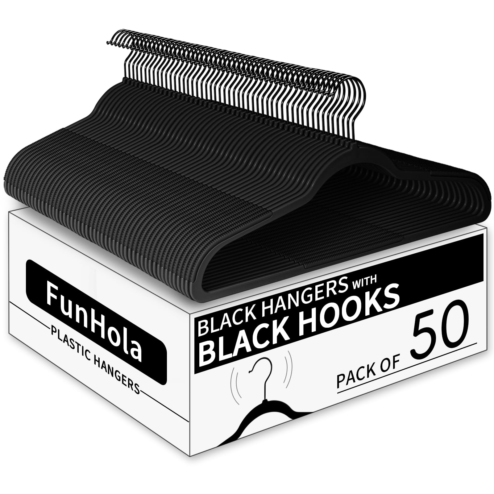 FunHola One-Color Look Plastic Hangers Non Slip, 50 Pack, Luxury Coat Hangers, Space Saving up to 40%, Black Plastic with Black 360° Swivel Hook