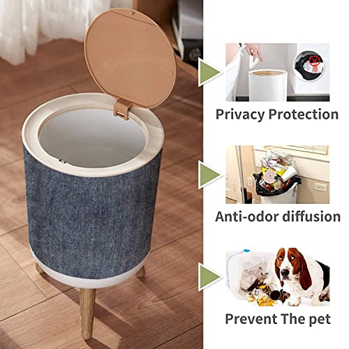 IBPNKFAZ89 Small Trash Can with Lid Dark Blue Jeans Texture Denim Garbage Bin Wood Waste Bin Press Cover Round Wastebasket for Bathroom Bedroom Kitchen 7L/1.8 Gallon