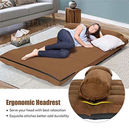 Walnut Foldable Floor Sofa Bed 6-Position Adjustable Couch with/ 2 Pillows Brown Adjustable Floor Sofa