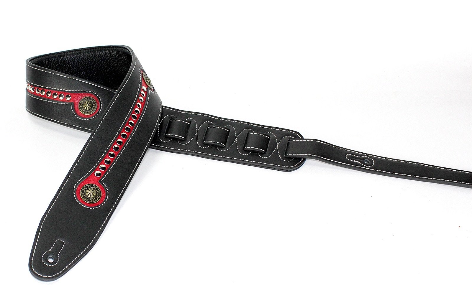Walker & Williams Black & Red Western Style Padded Guitar Strap with Chrome and Brass Studs For Acoustic, Electric, And Bass Guitars