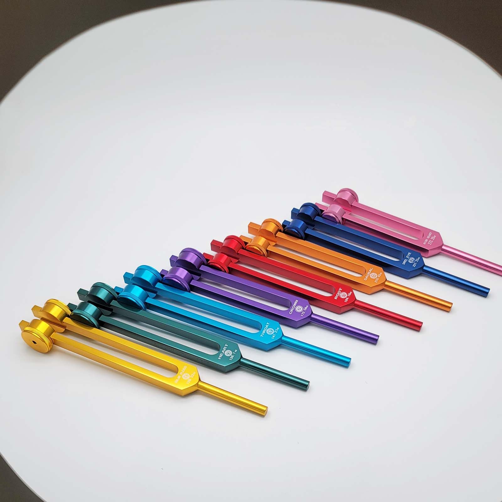 Chakra Tuning Forks Set - Multicoloured 7 Chakra and 1 Soul Purpose Weighted Tuning Forks with Exquisite Aluminum Case.