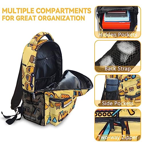 KNOWPHST Construction Backpacks for Boys, 16 Inch Cartoon Truck Backpack for School, Yellow, Large Capacity, Durable, Lightweight Bookbag for Kids Travel