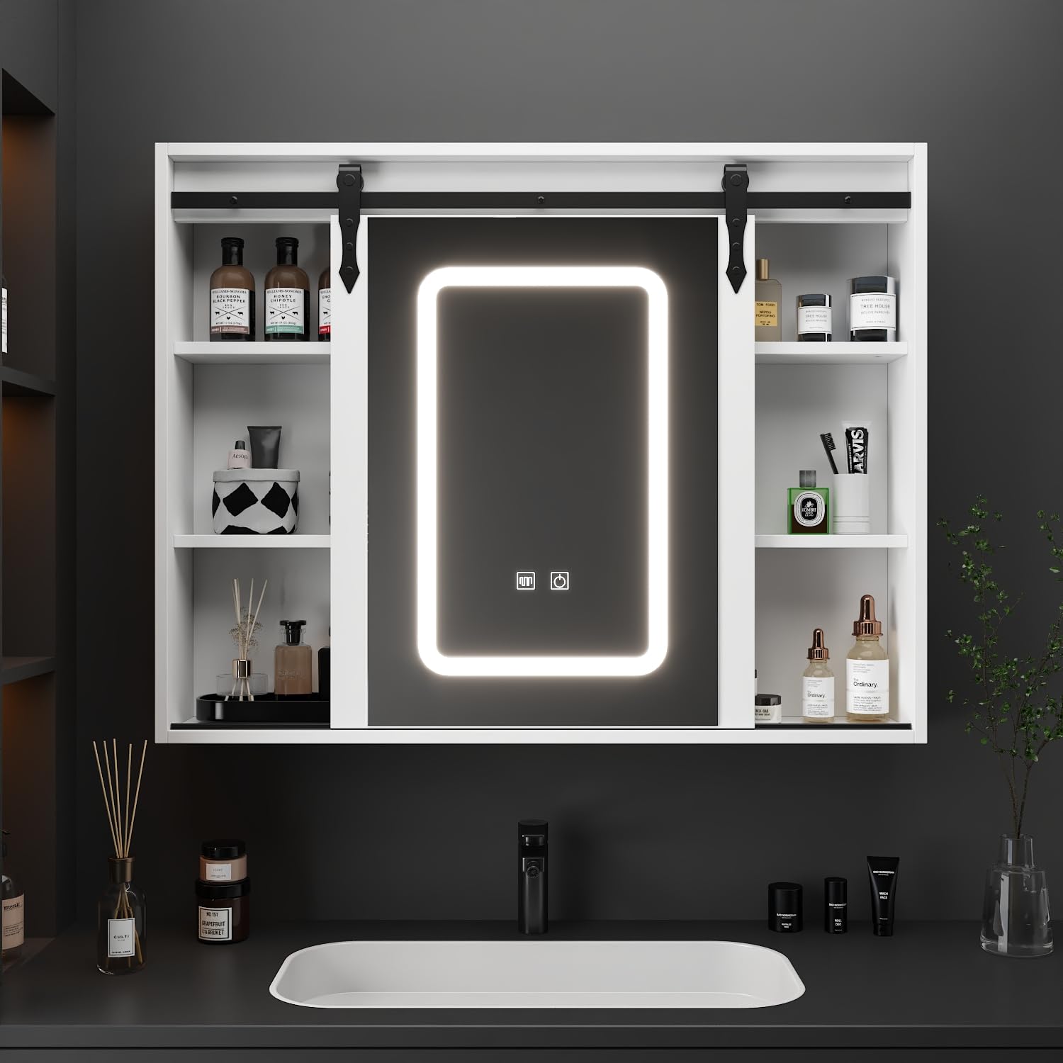 FUNISIR Mirror Medicine Cabinet Wall Mounted, 35.4" x 27.6" Bathroom Lighted Mirror Medicine Cabinet with Farmhouse Sliding Barn Door, Makeup Vanity Mirror with Defogger, Dimmer, Storage