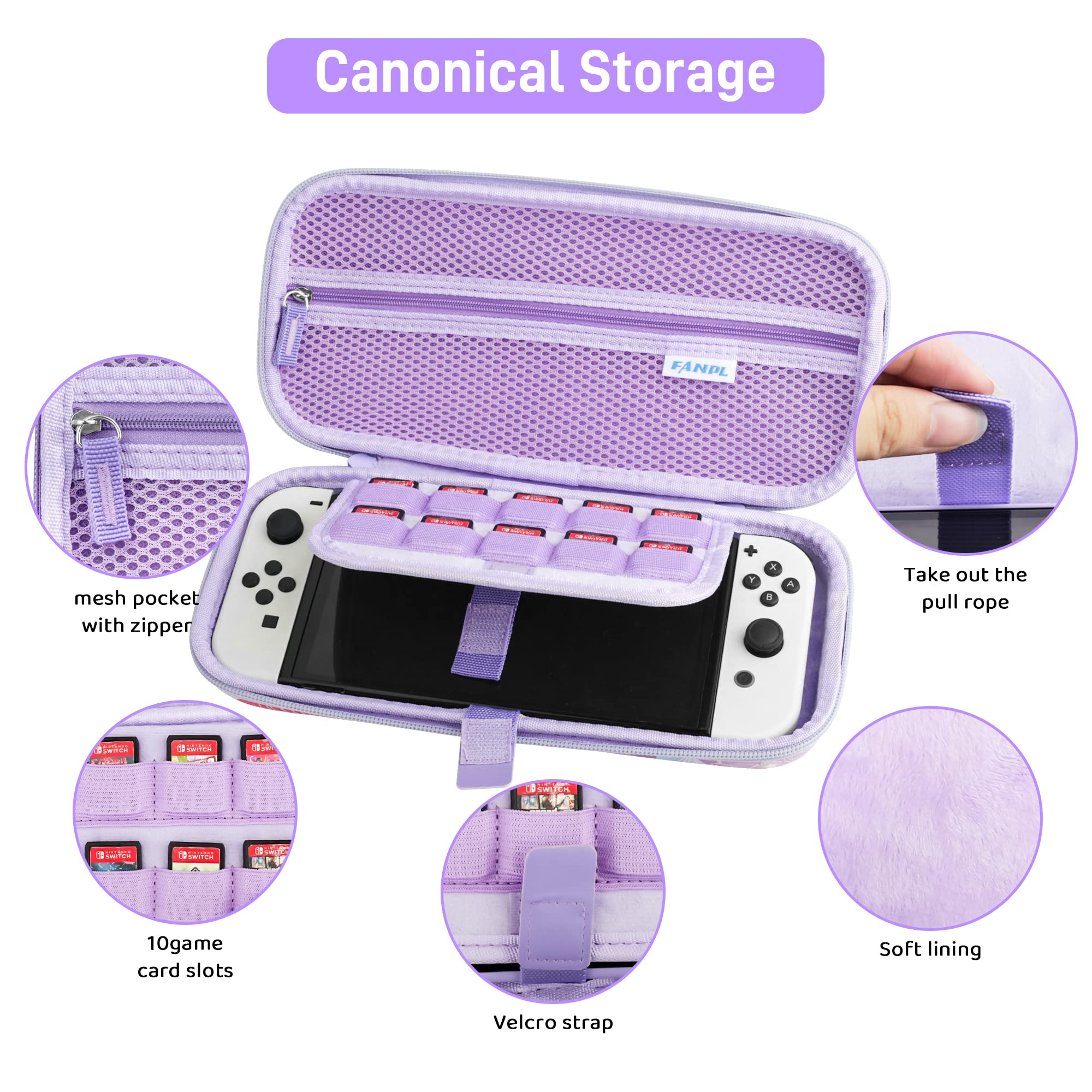 FANPL Case bundle for Nintendo Switch OLED Accessories, Cute Carrying Case for Switch OLED and Joy Con with Hard Flip Protective Cover and Screen protector, 2 Thumb Grips, Shoulder Strap (Purple)