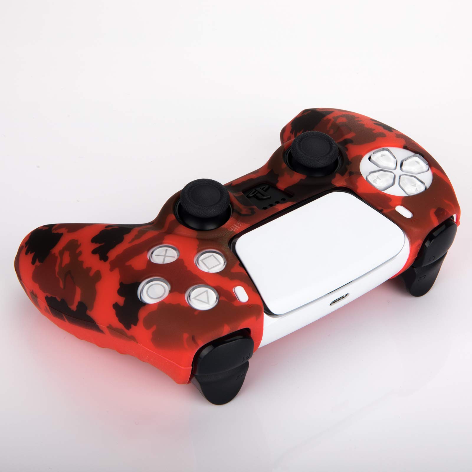 Silicone Gel Controller Cover Skin Protector for PS5 Dualsense Controller, Z&Hveez Controller Camouflage Silicone Covers with 8 FPS Pro Thumb Grip Caps (Red+Green)