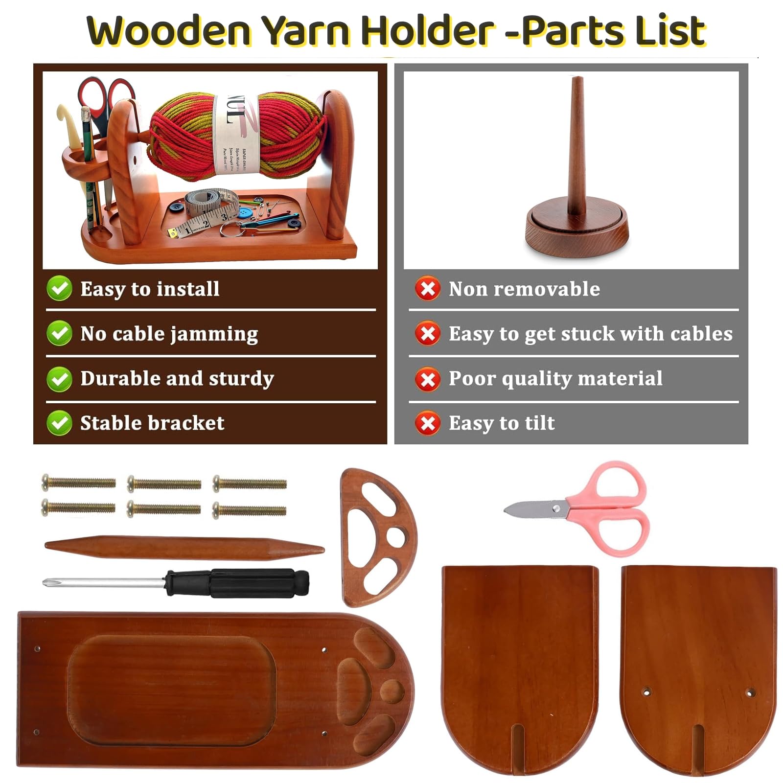 Generic Yarn Holder for Crocheting Wooden Yarn Rack Stand with Slots Yarn Storage Organizer Knitting & Crochet Supplies Horizontal Yarn Spinner Stable Yarn Ball Dispenser for Knitting Lovers, Brown