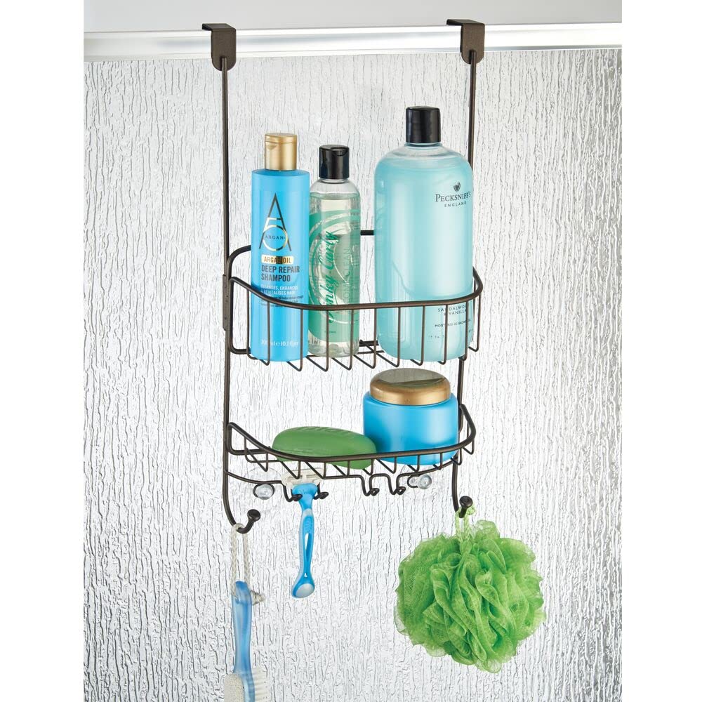 mDesign Steel Over Door Hanging Shower Caddy Storage Organizer with 2 Baskets, 6 Hooks - Shower Shelf Rack for Bathroom - Holds Shampoo, Conditioner, Soap, Towel, Sponge - Draper Collection - Bronze