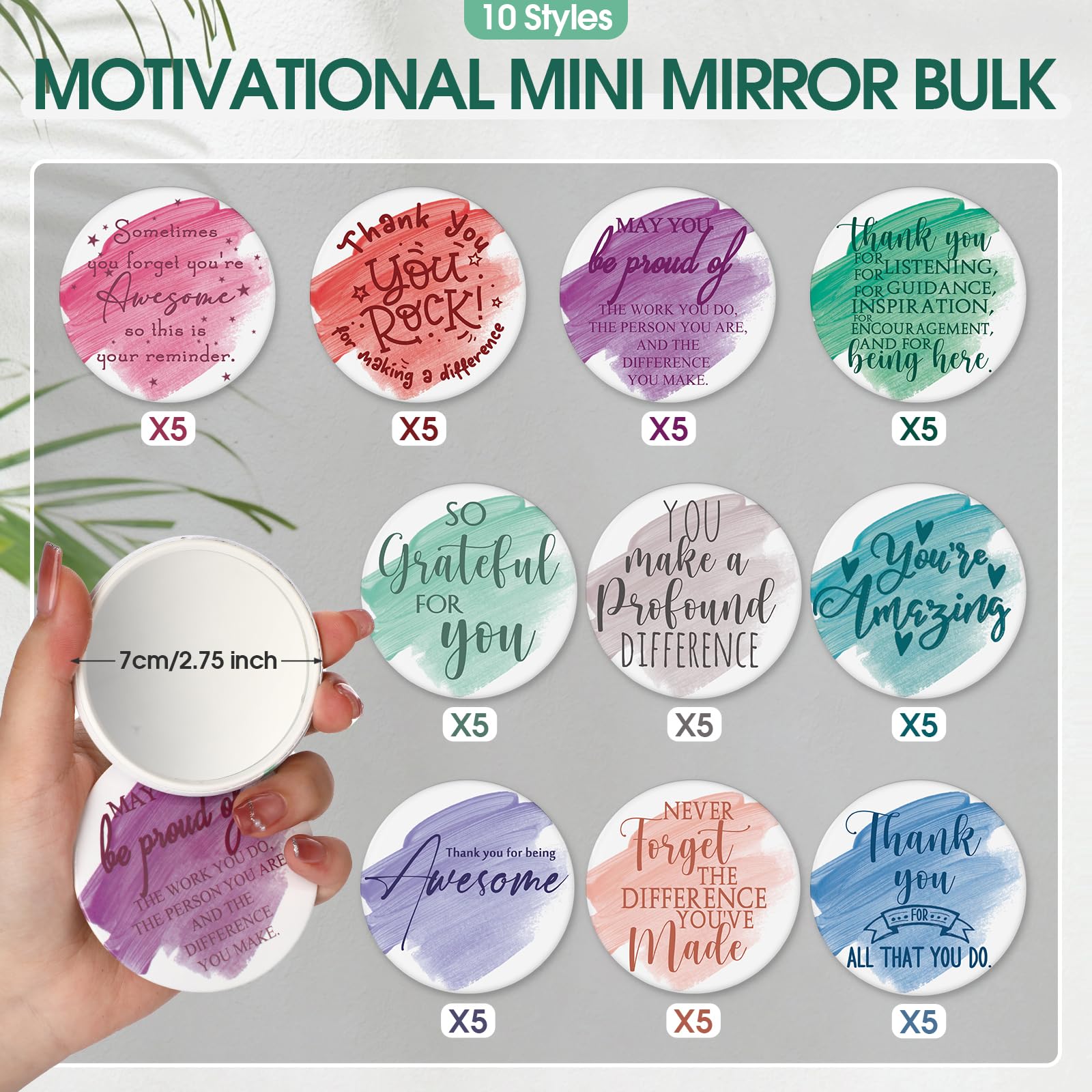 Kigley 50 Pcs Employee Appreciation Gifts Inspirational Compact Mirrors Bulk Round Pocket Mirror for Women Portable Makeup Mini Mirror for Teachers Coworker Secretaries Nurse Students