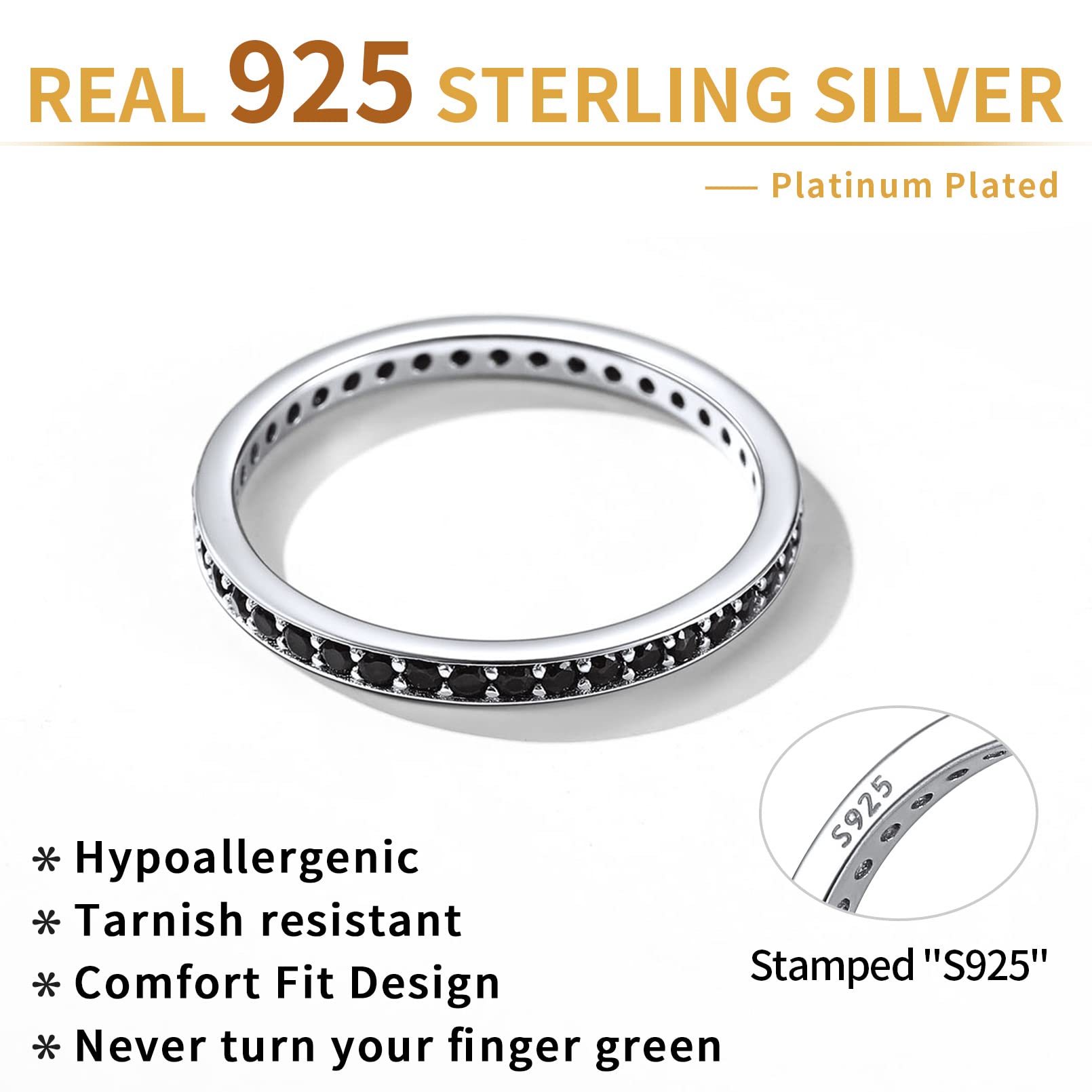 ChicSilver 2MM Thin Band CZ Eternity Ring 925 Sterling Silver Black Cubic Zirconia Engagement Wedding Ring for Women Size 5