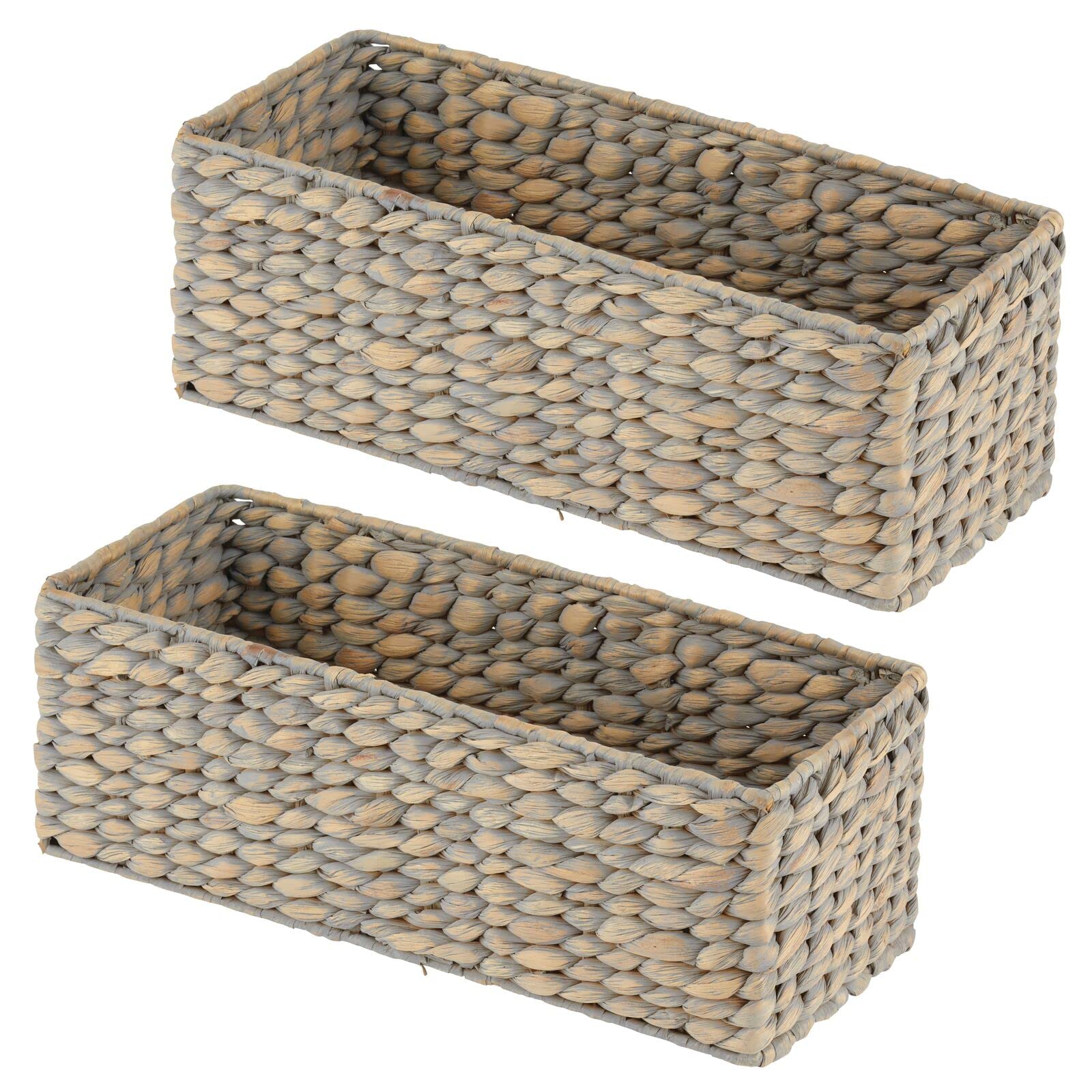 mDesign Woven Hyacinth Narrow Bathroom Toilet Roll Holder Storage Organizer Basket Bin - Rectangle Containers for Bathroom, Toilet Tank - Hold 3 Rolls of Toilet Paper - 2 Pack - Gray