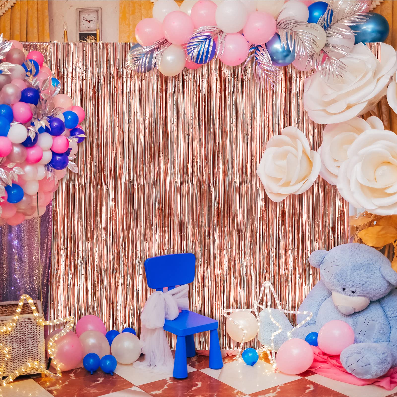 Crosize 2 Pack 3.3 x 9.9 ft Rose Gold Foil Fringe Backdrop Curtain, Streamer Backdrop Curtains, Streamers Birthday Party Decorations, Tinsel Curtain for Parties, Photo Booth Backdrops, Party Décor