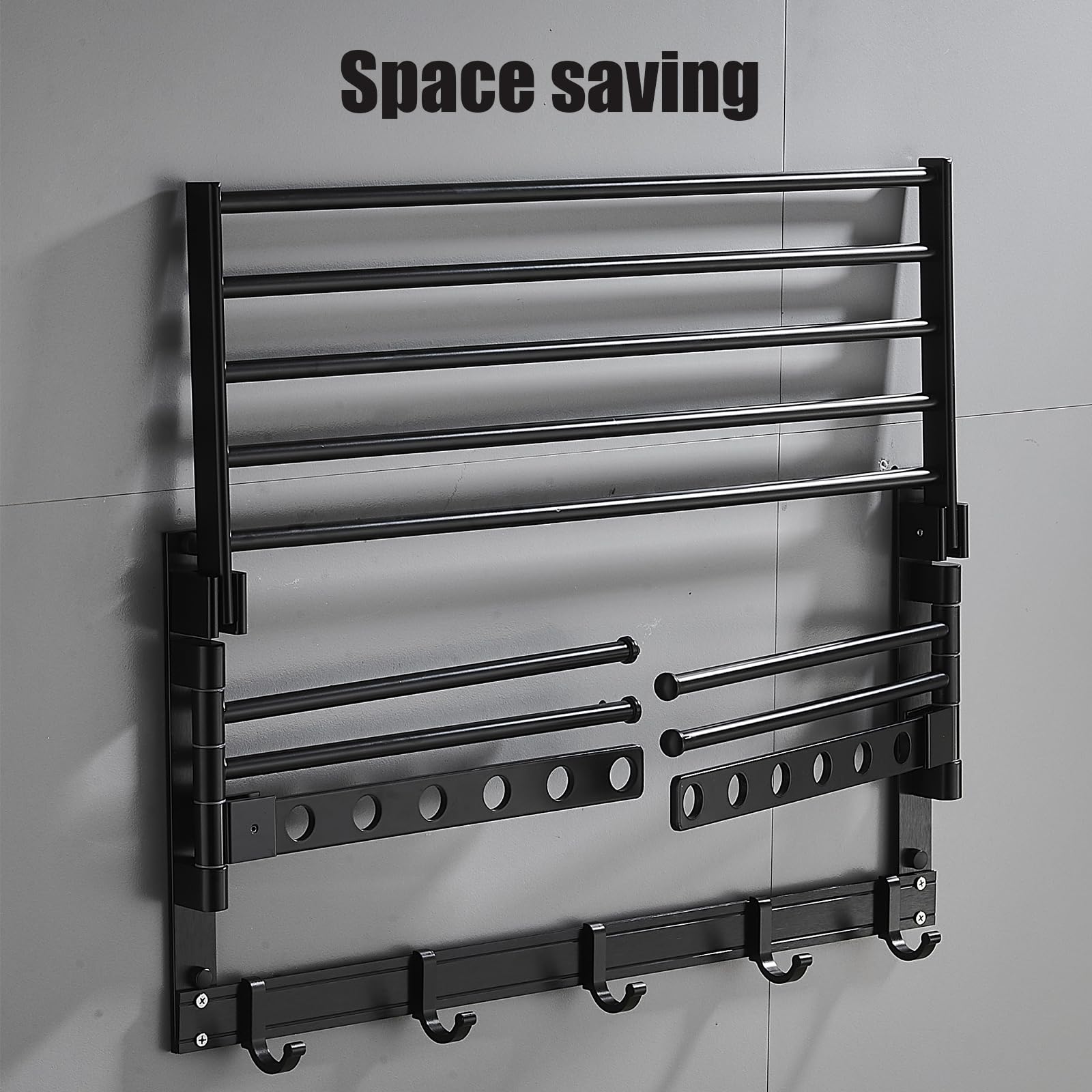 KIJINOGF Laundry Drying Rack with 6 Swing Arms Wall-Mounted Swivel Clothes Dryer Rack 2 Swivel Bars with 6 Holes, Space Saver Foldable Laundry Room Organizer, Aluminum 15.8" 1 Pack(Black)
