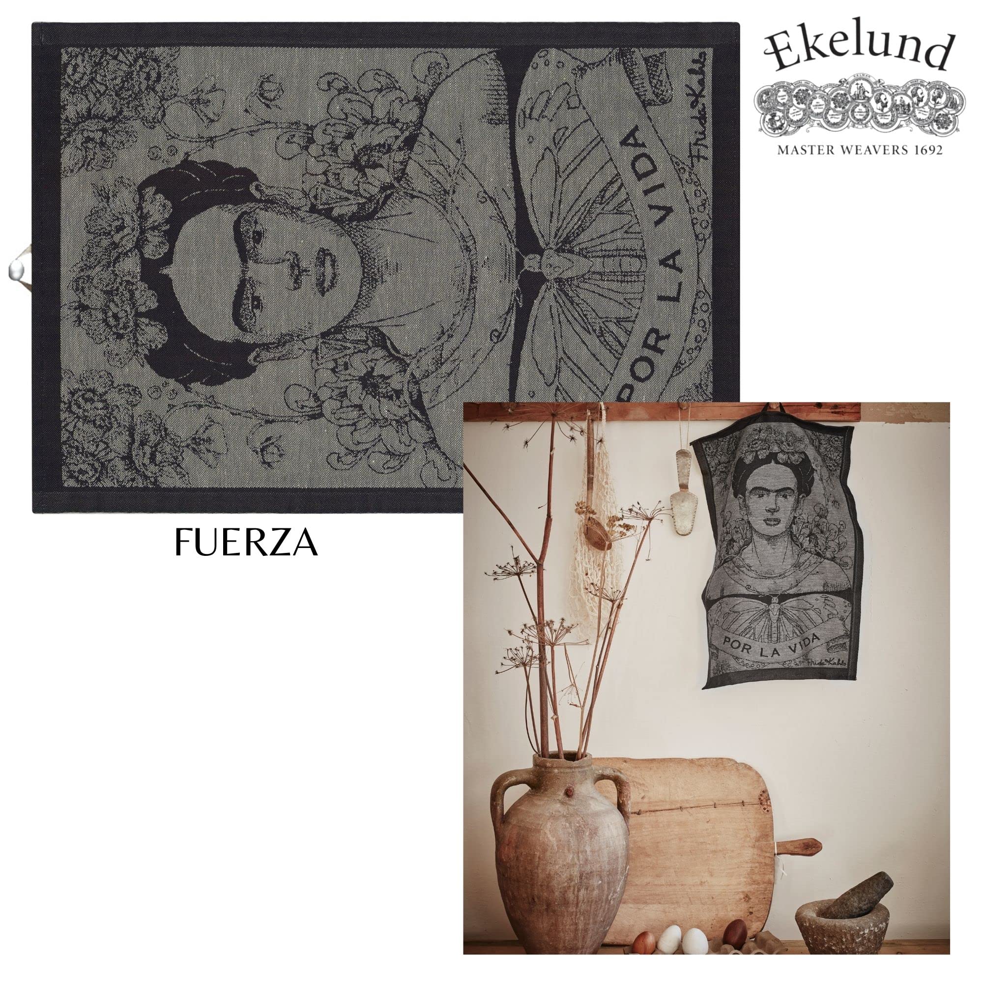 Ekelund Weavers - Frida Kahlo Design 'Fuerza' -100% Organic Cotton Dish Towel - @14 x 21 inches