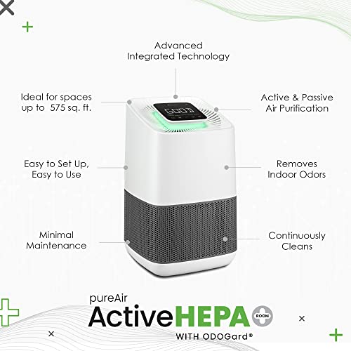 Greentech Environmental pureAir Active HEPA+ Room with ODOGard - Odor Eliminator and Air Purifiers for Home, Office, and Bedroom, Up to 375 Square Feet, Neutralizes Tough Odors, Easy Set Up