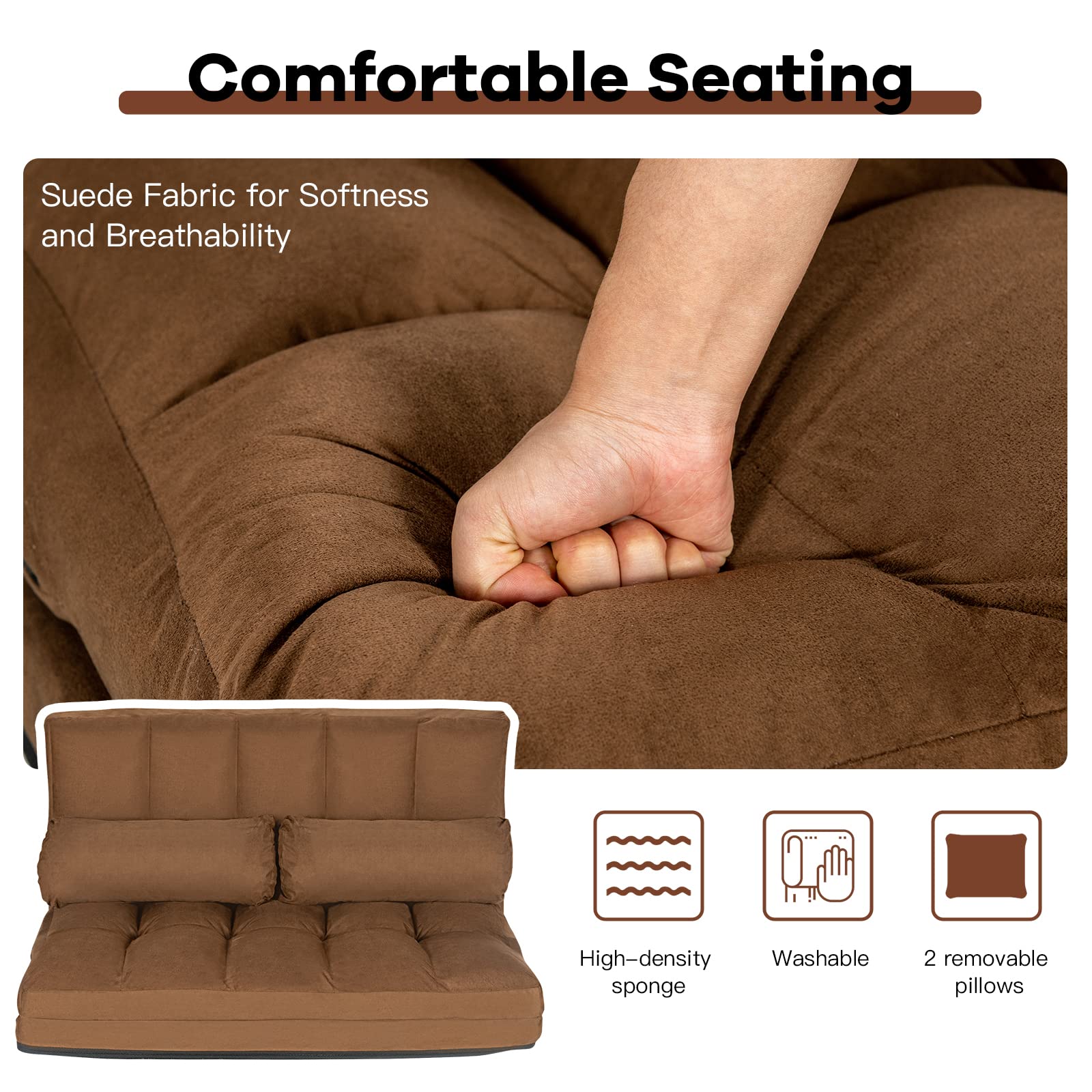 GOFLAME Convertible Floor Sofa, 6-Position Floor Couch with 2 Removable Pillows & Thick Sponge Cushion, Floor Cushion Couch, Load 330LBS, Adjustable Lazy Floor Sofa Bed for Living Room Bedroom, Black
