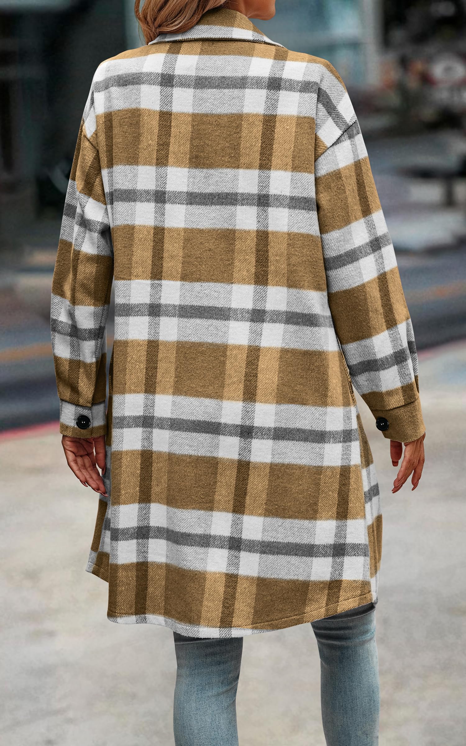 CCTOO Womens Plaid Flannel Shacket: 2023 Long Sleeve Trench Shirt Winter Tartan Jacket Woolen Lapel Neck Button Down Pea CoatsSmall140Yellow P