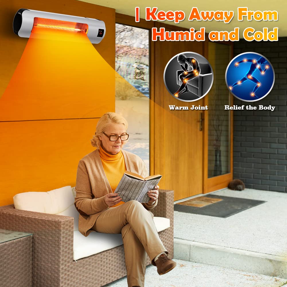 Electric Patio Heater, 1500W Outdoor Heater with Remote Control, Wall Mounted Infrared Heater with Golden Tube, 2 Power Modes for Garage Backyard IP65, Black