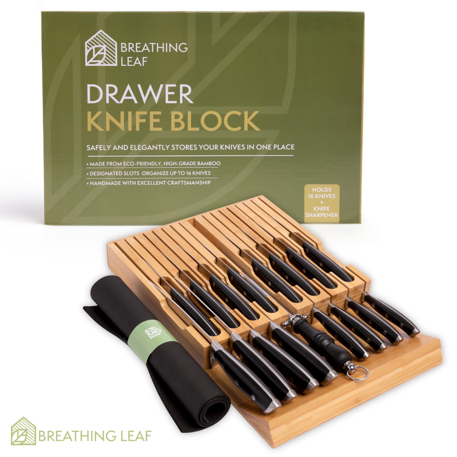 Drawer Knife Organizer - Bamboo Knife Block Insert - Holds 16 Knives + 1 Knife Sharpener (Knives Not Included) - Reliably Store, Secure & Organize Your Kitchen Knives In Cabinet - Free Up Counterspace