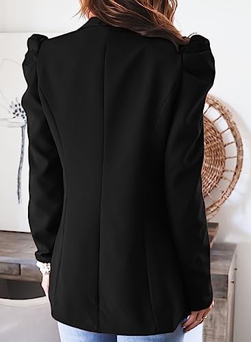 KIRUNDO Women's 2023 Fall Casual Blazers Puff Sleeve Lapel Open Front Work Suit Office Blazer Jackets with Pockets (Black, Medium)