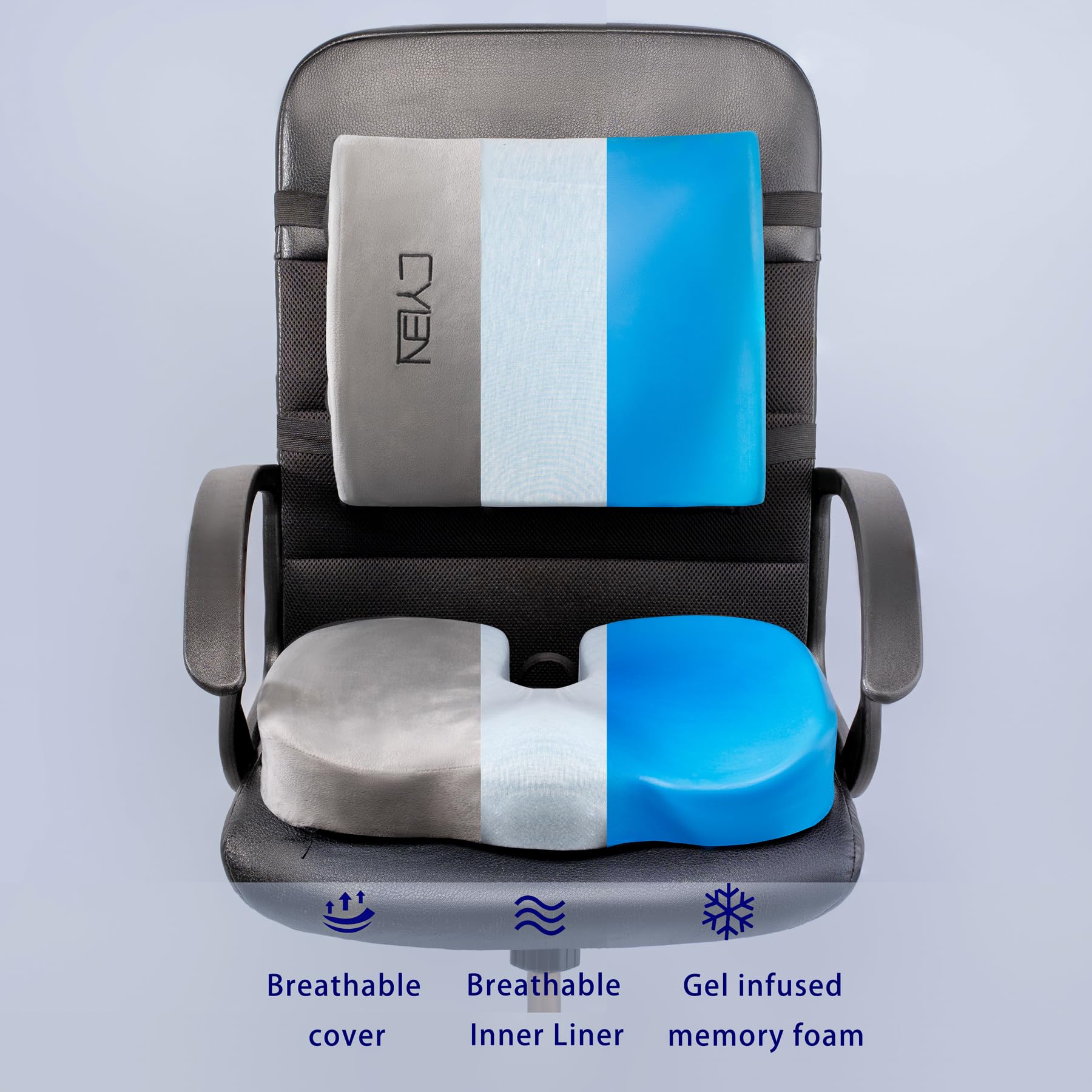 CYLEN Gel Infused Memory Foam Back Cushions & Coccyx seat Cushions for Tailbone Pain -Cooling Seat & Back Cusions for Office Chair Car Wheelchair- Sciatica & Back Pain Relief (Grey)