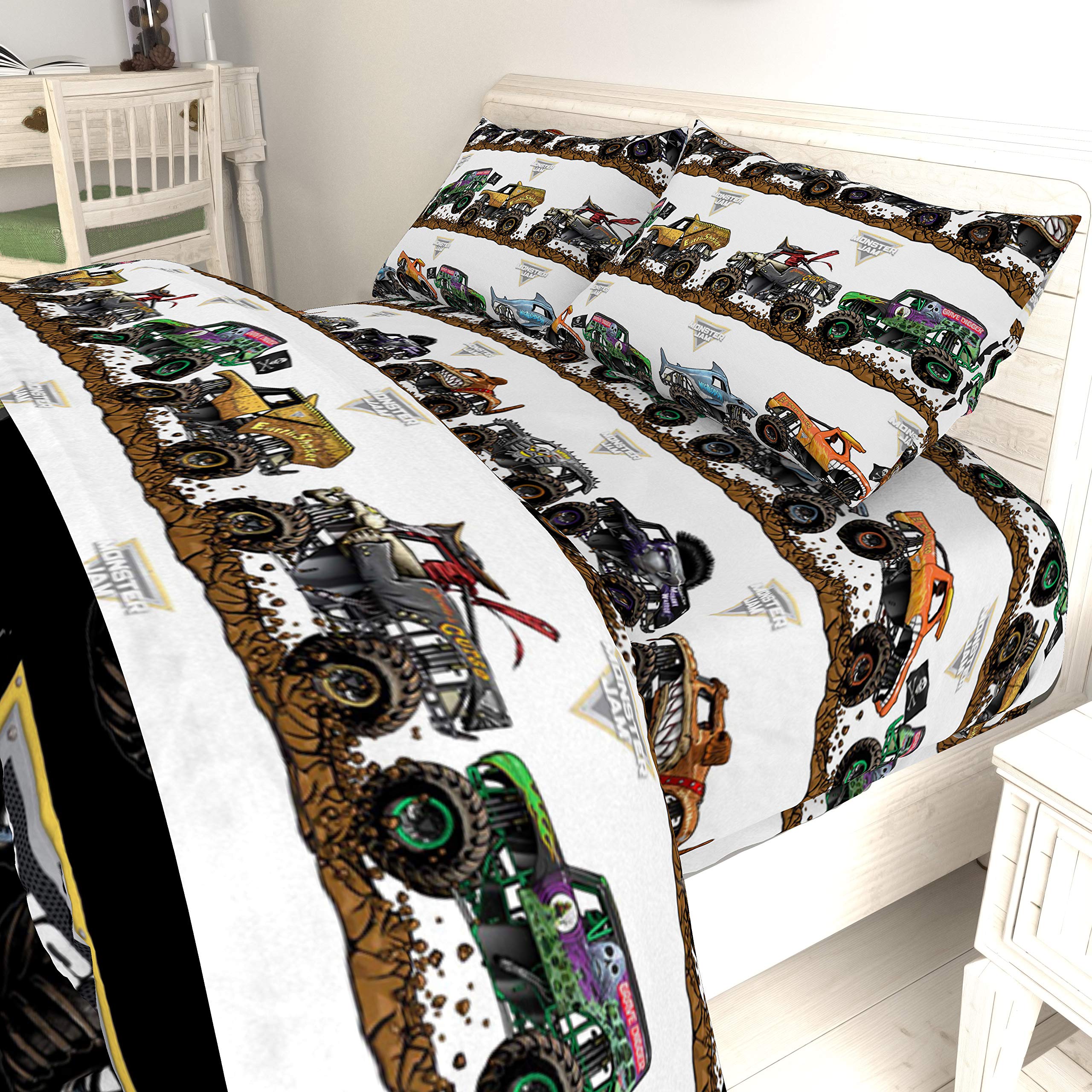 Jay Franco Monster Jam Tracks Twin Sheet Set - 3 Piece Set Super Soft and Cozy Kid’s Bedding Features Grave Digger & Megalodon - Fade Resistant Microfiber Sheets