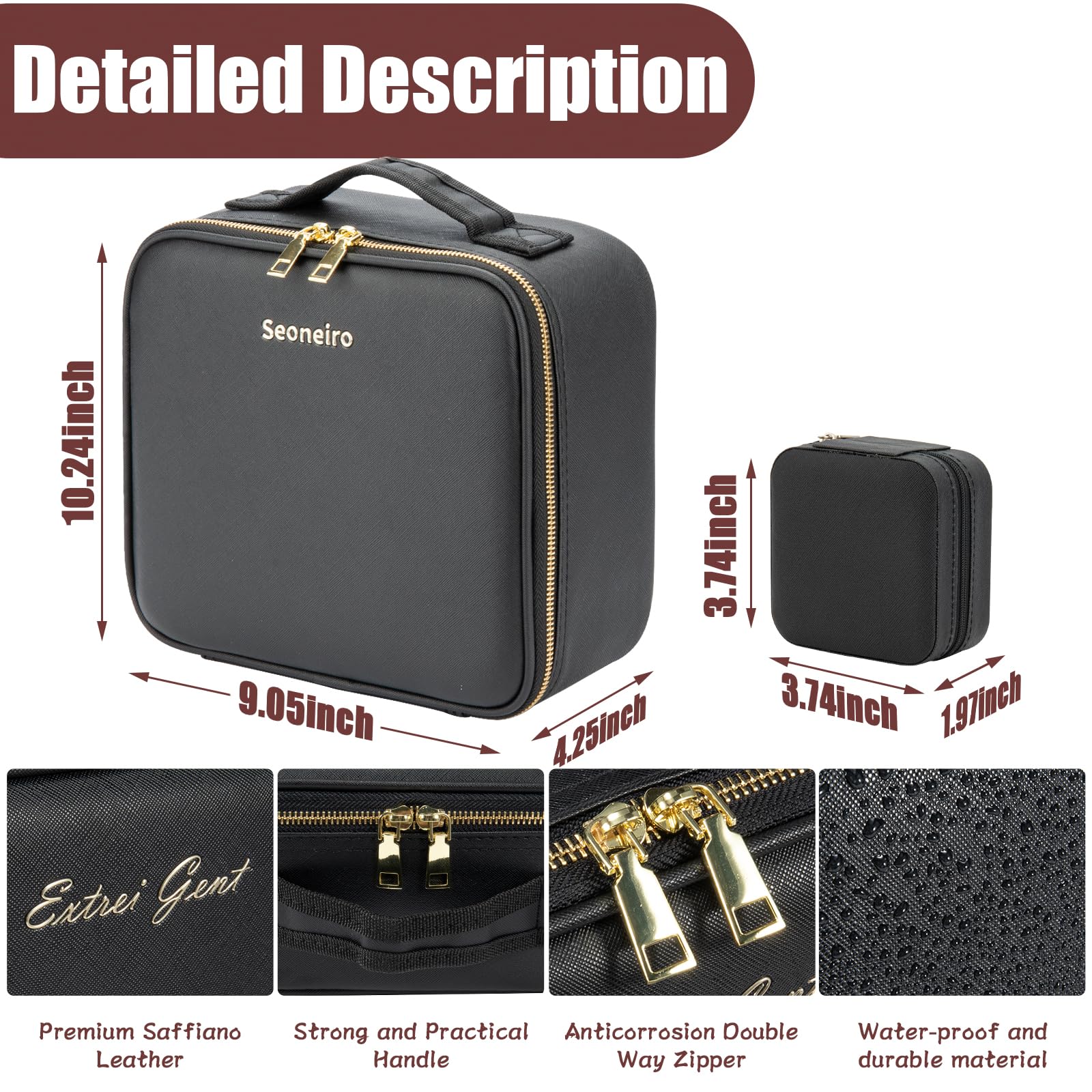 Extrei Gent Makeup Travel Train Case with Mirror LED Light 3 Adjustable Brightness Cosmetic Bag Portable Storage Adjustable Partition Waterproof Brushes Makeup Jewelry Gift for Women, Black