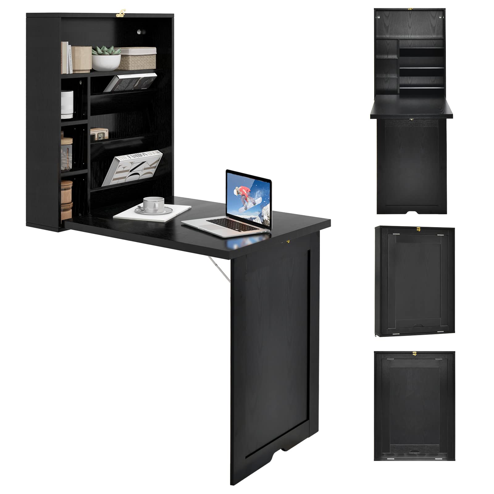 GOFLAME Wall Mounted Desk, Folding Floating Desk with 3-Tier Tilt Storage Partition and Adjustable Shelves, Space-Saving Fold up Desk Laptop Desk, Convertible Writing Desk for Home Office, Black
