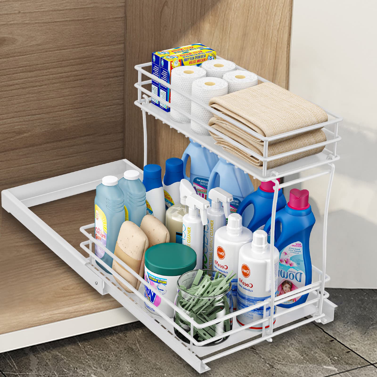 CD HOME Pull Out Cabinet Organizer, Under Sink Slide Out Storage Shelf with 2 Tier Sliding Wire Drawer,Least 13 Inch Cabinet Opening (White)