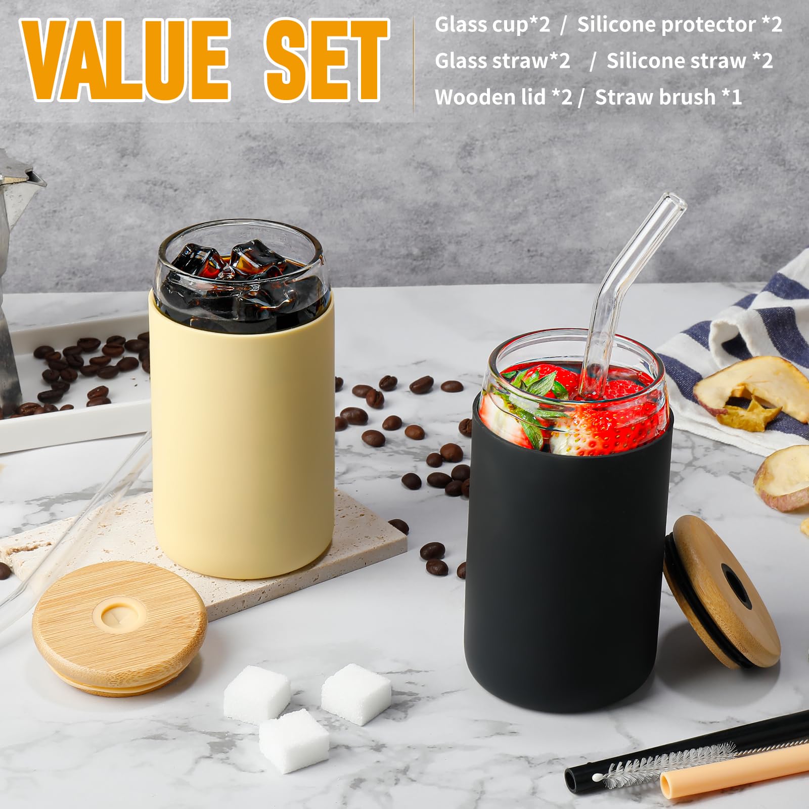 Glass Cups with Lids and Straws 2 pcs, Glass Cups with Silicone Protective Sleeve-16 oz Iced Coffee Cups with Lids,Glass Coffee Cups for Beer, Tea, Gift Giving