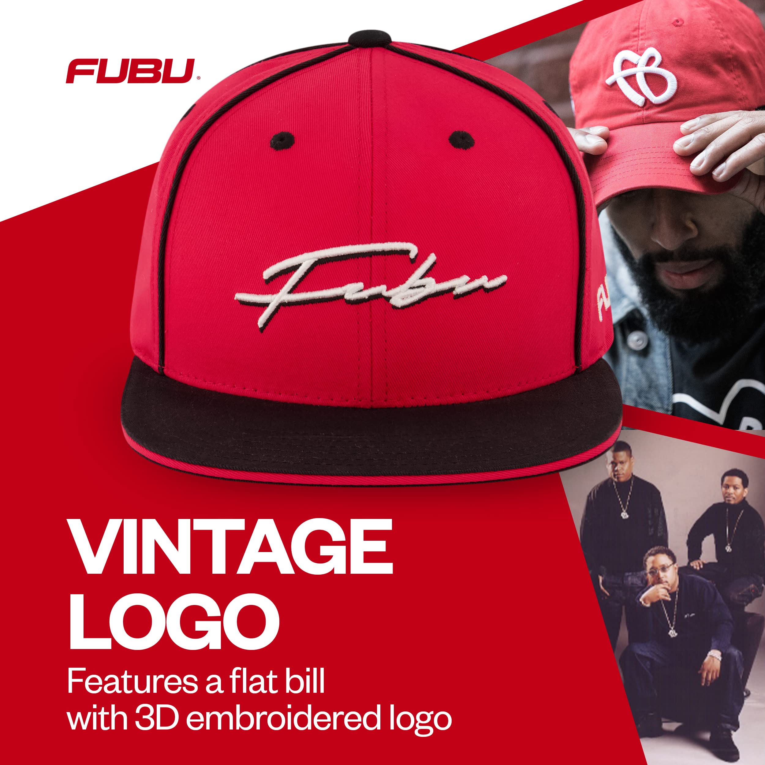 Concept One FUBU Baseball Cap, Cotton Adult Snapback Hat with Cursive Logo, Adjustable, Flat Brim, Red, One Size