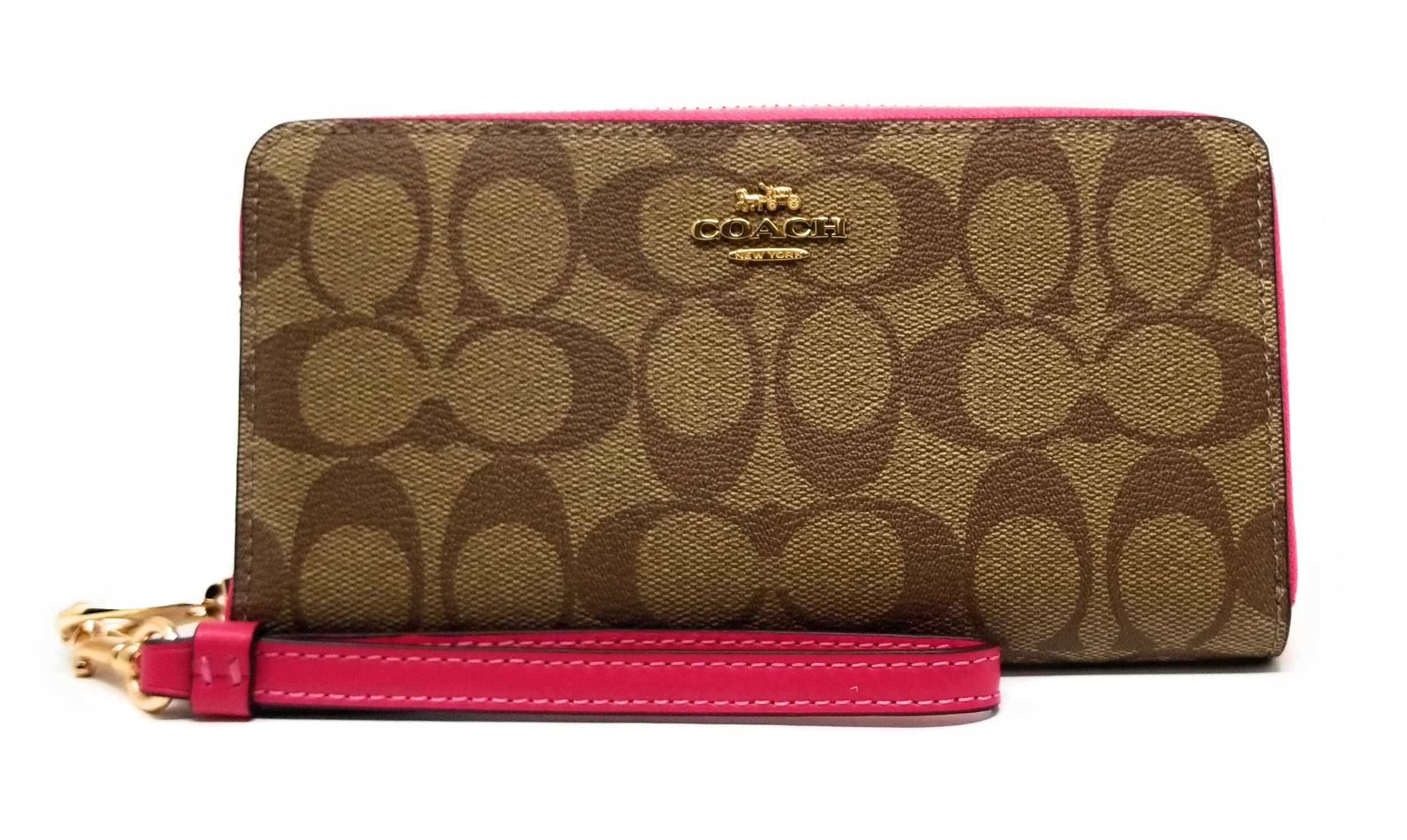 Coach Women's Long Zip Around Wallet In Signature Canvas (Khaki - Bold Pink)