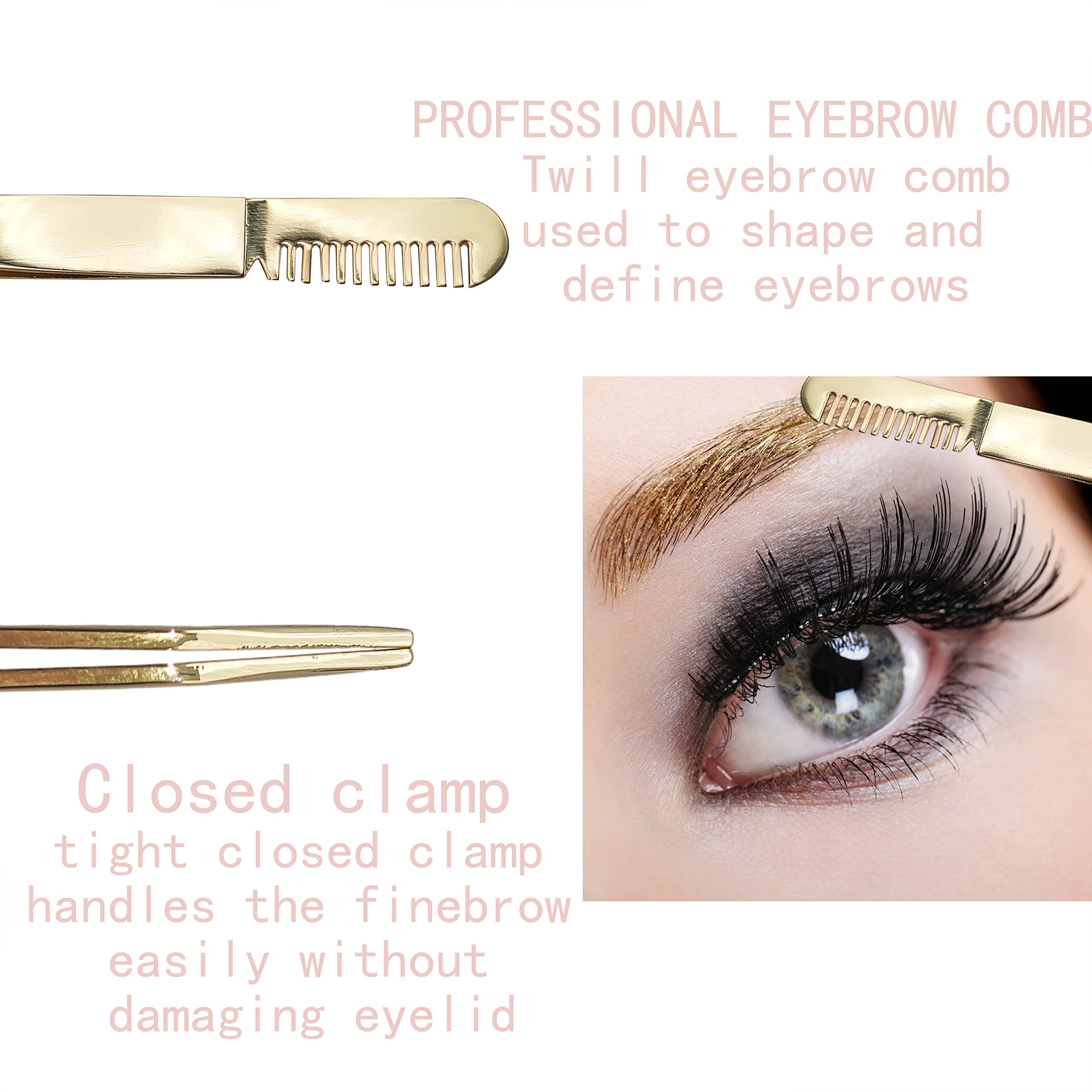 Eyelashes Applicator Tool Eyelash Extension Tweezers Remover Clip Tweezers Nipper (Gold with Eyebrow comb)