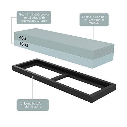 Knife Sharpening Stone Combination Dual Sided Grit With Base for Sharpening and Polishing Tool with Non Slip Base for Kitchen Knives, Hunting Knives, Pocket Knives and Tool Blades (400/1000)