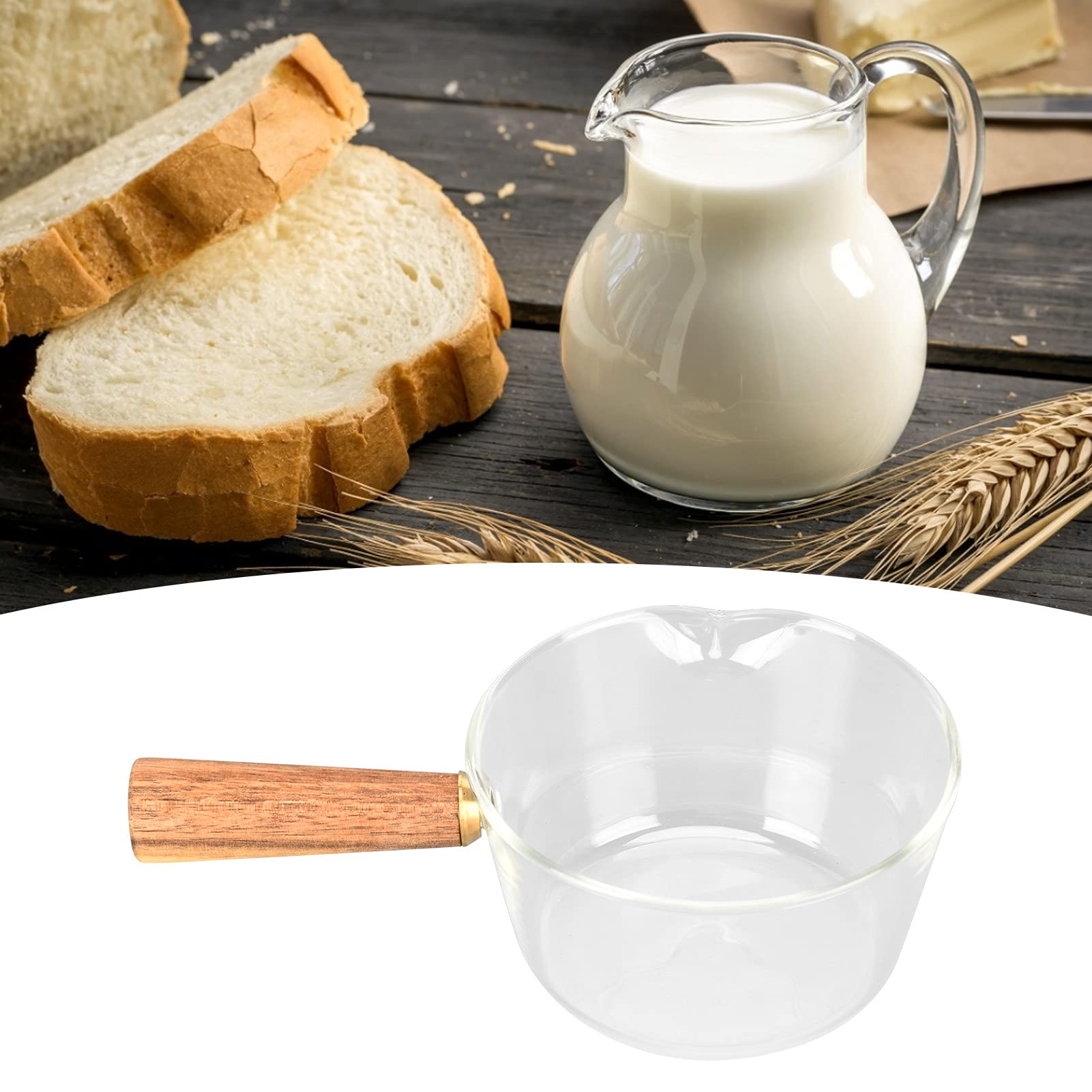 Glass Milk Pot with Wooden Handle, Small Saucepan with V Shaped Spout, Exquisite Workmanship Milk Boiling Pot Multifunction Cooking Utensil for Hot Milk, Salads, Noodles (Small)