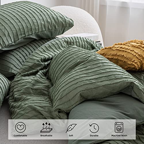 JELLYMONI Green Duvet Cover King Size - 3PCS Microfiber , Boho Striped Tufted Textured Duvet Cover with Corner Ties & Zipper Closure