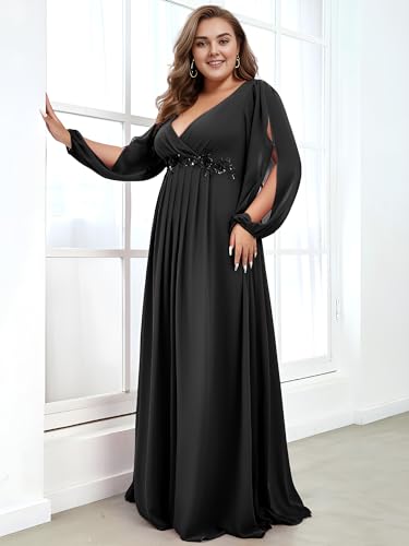 Ever-Pretty Plus Women's Plus Size A-line Floor-Length Long Sleeves V Neck Formal Party Dress Black US20